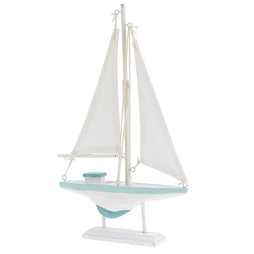 Segelboot Weiß-Blau Holz, Leinen Maritime Deko 30cm-345.678